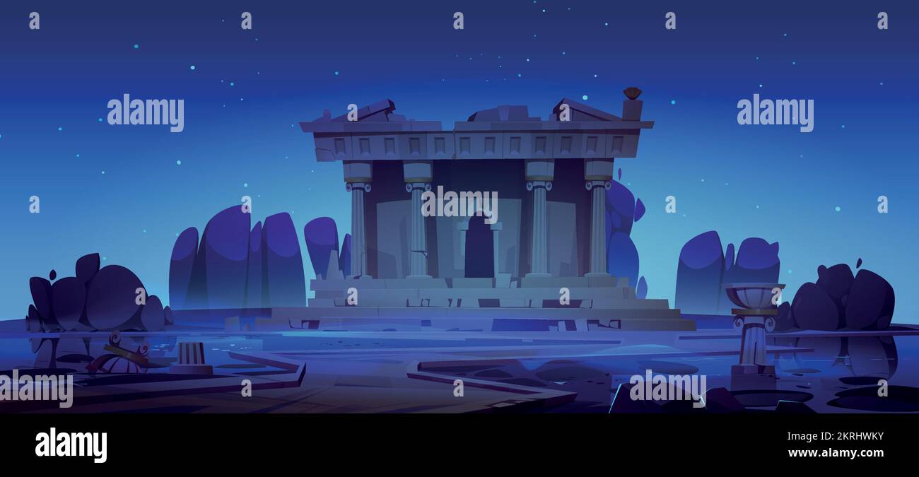 Broken ancient temple building at night. Old greek or roman ...