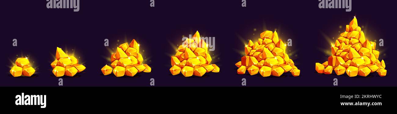 Piles of gold nuggets. Game icons of treasure, trophy, wealth with ...