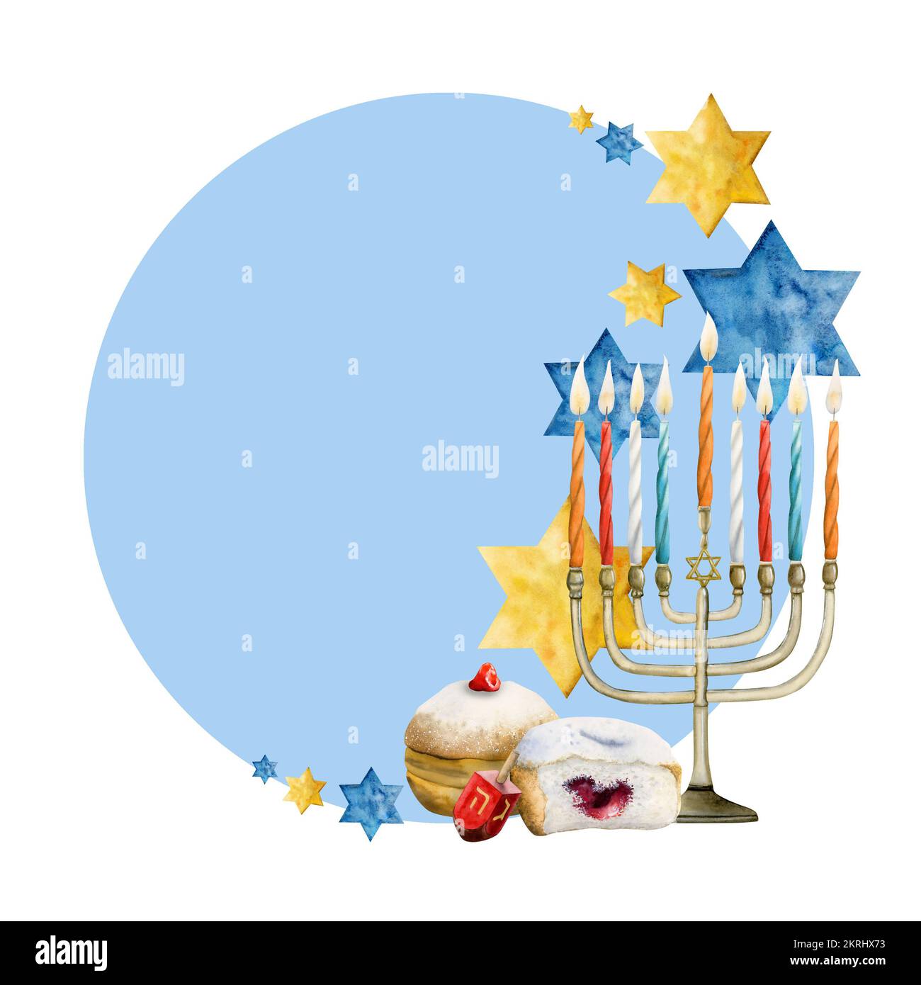 Jewish holiday Hanukkah round frame design with menorah, dreidel ...