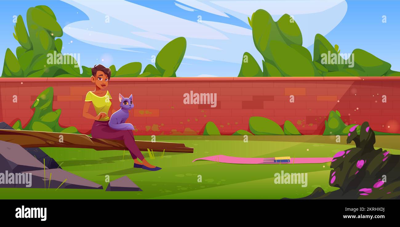 Woman with cat relax on summer house backyard landscape with green lawn ...