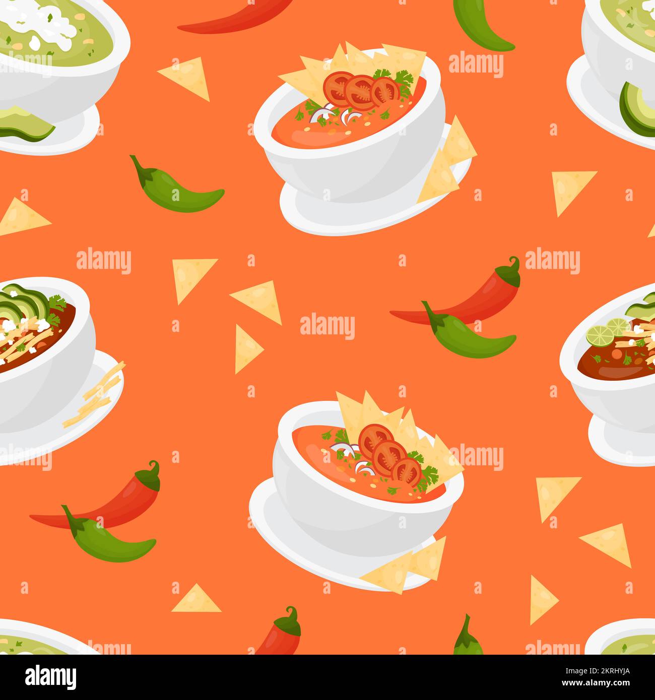 Seamless pattern with Mexican soups. Traditional Tomato Soup with ...