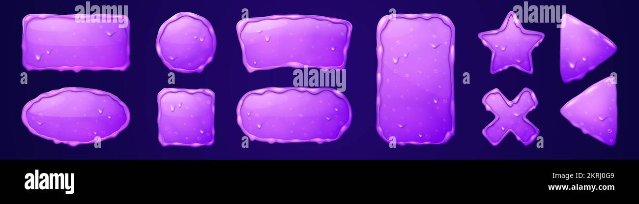 Set of purple sticky slime frames isolated on background. Cartoon ...