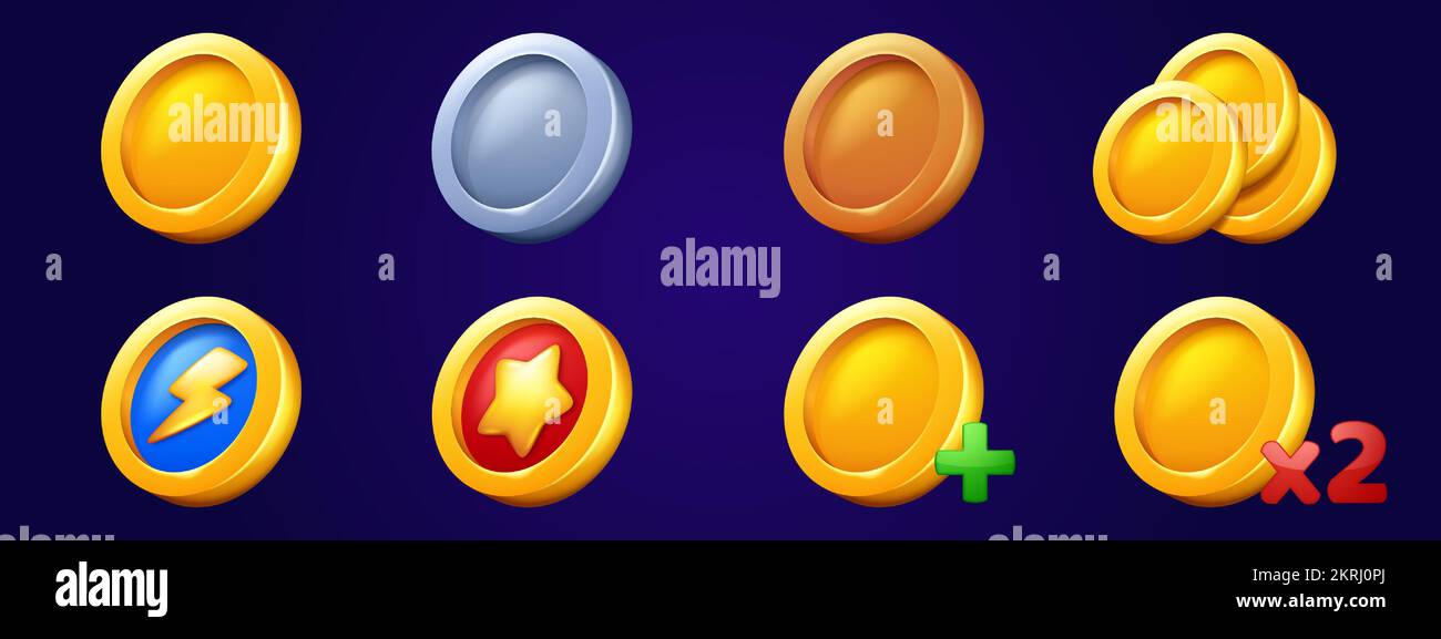 Gold coins icons, tokens for game ui interface. Symbols of trophy ...