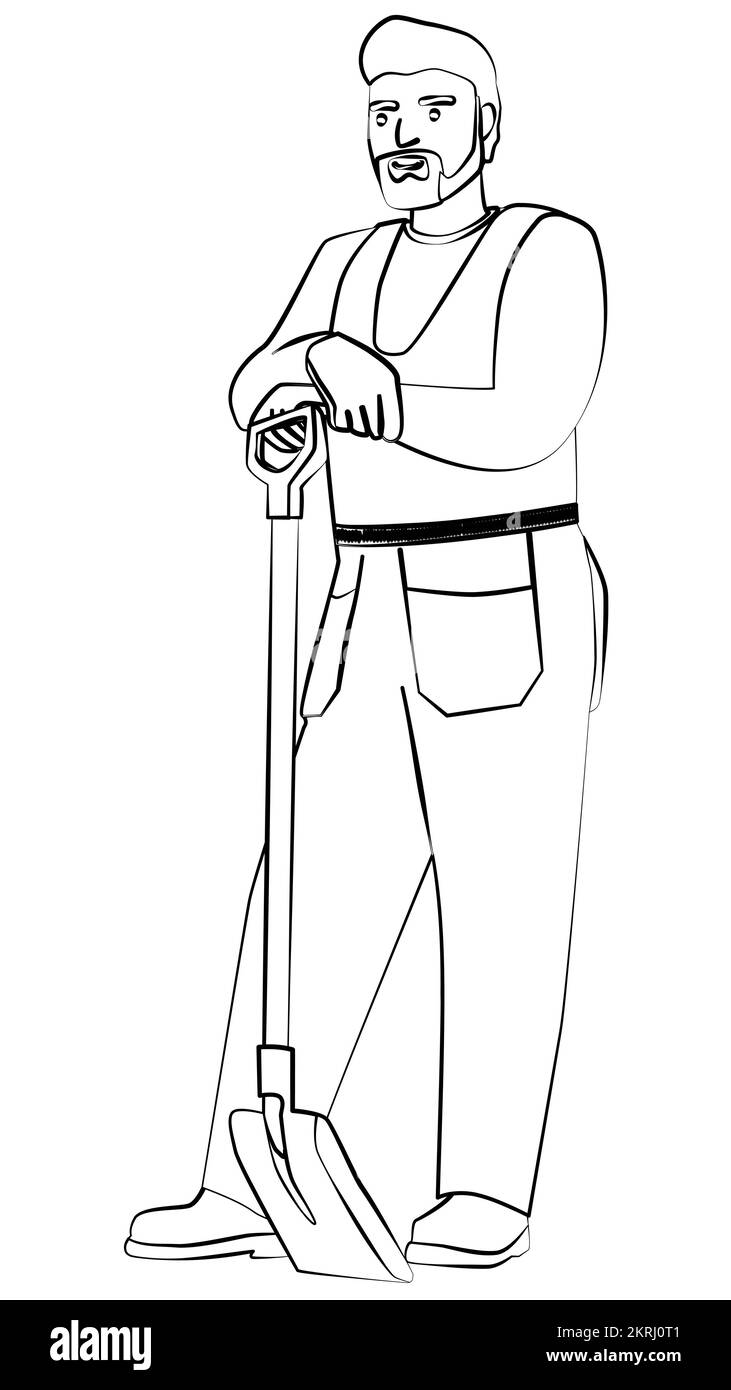 Outline of man in work overalls stands leaning on shovel, isolated on ...