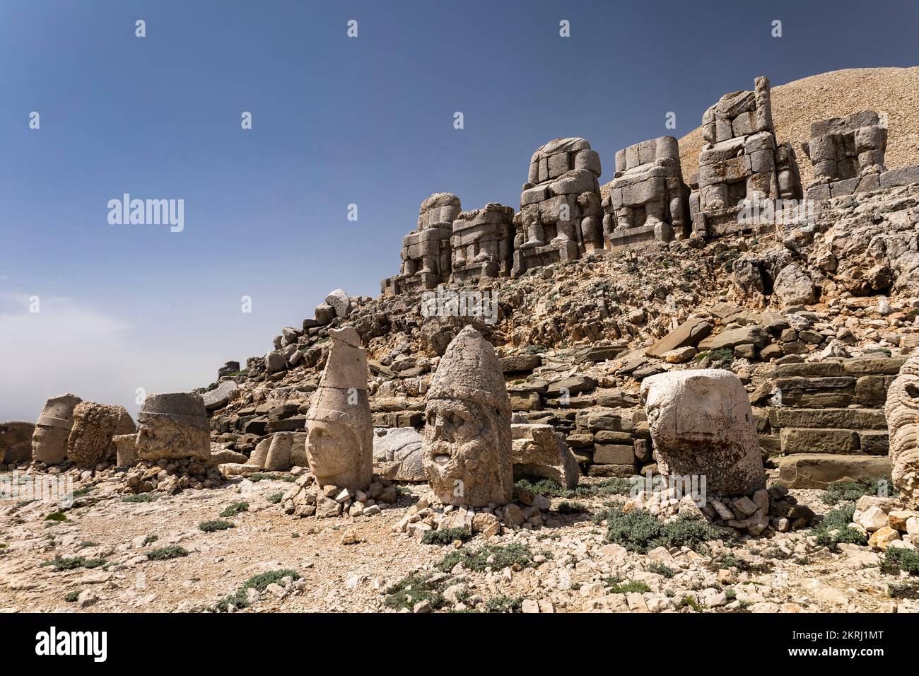 Mount Nemrut, Nemrut Dagi, east terrace and tomb(tumulus), head statues ...