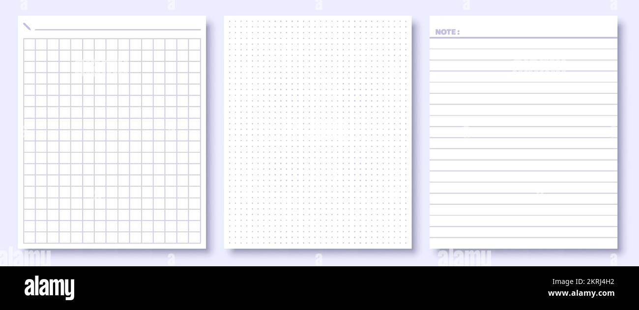 Realistic ruled lined notepad diary blank sheet flat set. Vector diary dots line grid blank ...