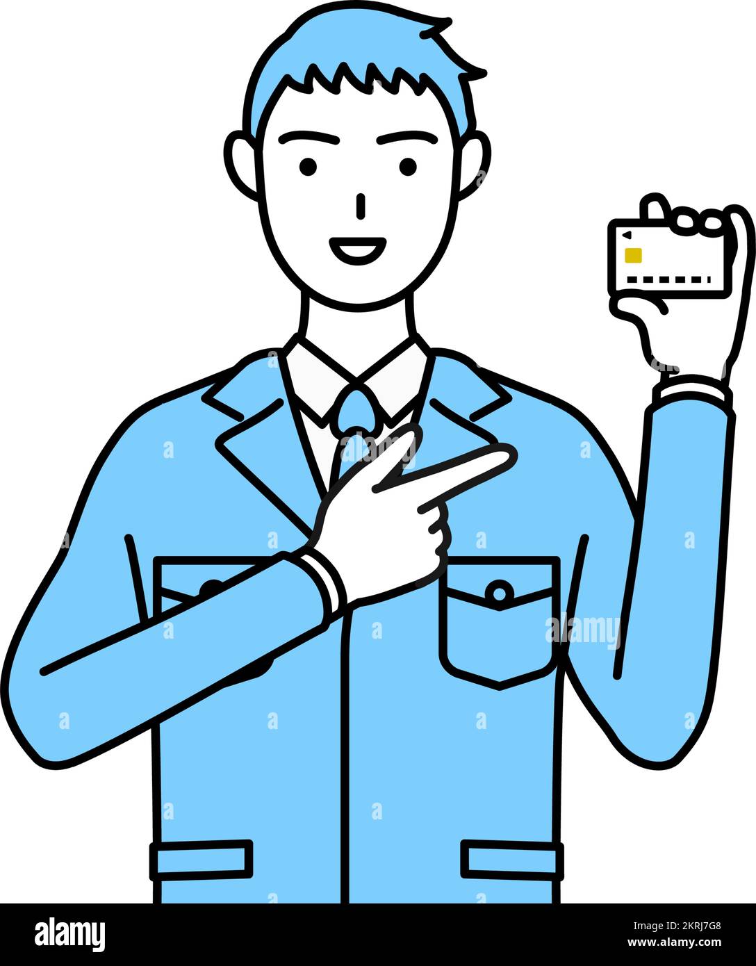Simple line drawing of a Man in work clothes recommending credit card ...