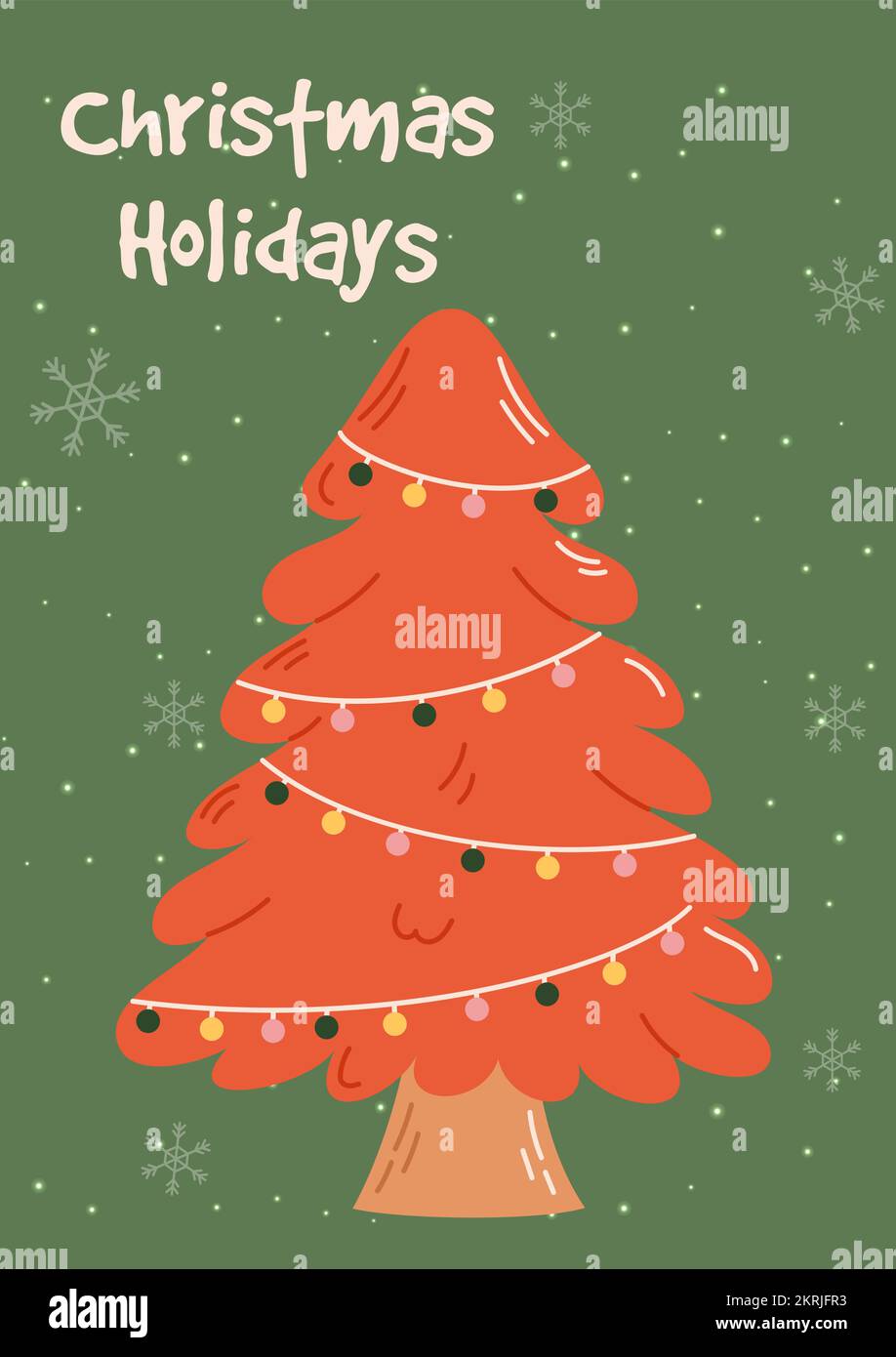 Groovy Christmas card with christmas tree. Christmas and New Year ...