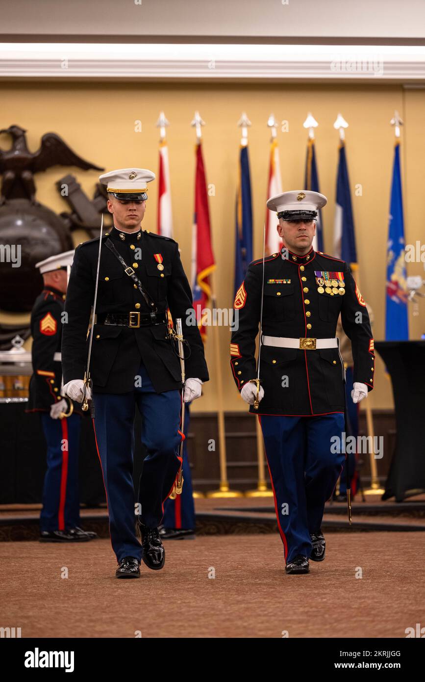 U.S. Marines with The Basic School sword detail, march forward during ...