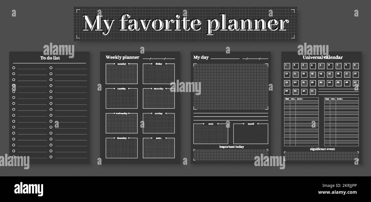 Planner template black page life organizer bw flat set. Business design ...