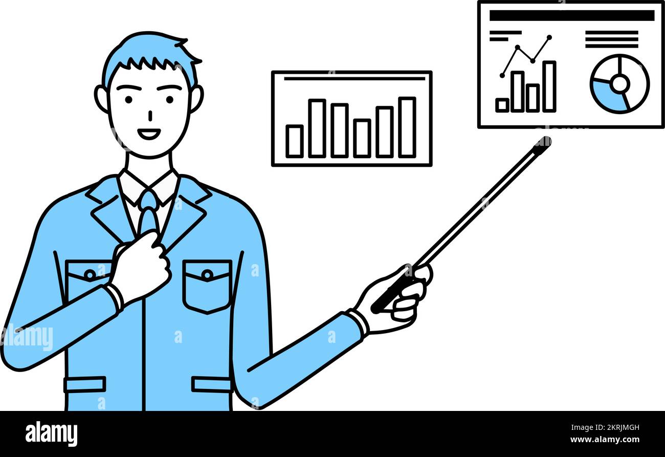 Simple line drawing of a Man in work clothes analyzing a performance ...