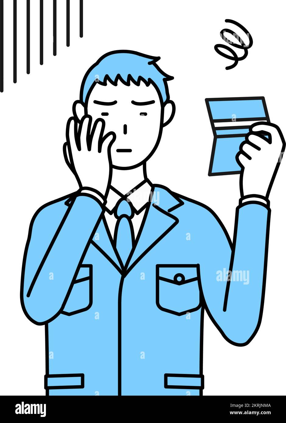 Simple line drawing of a Man in work clothes looking at his bankbook ...