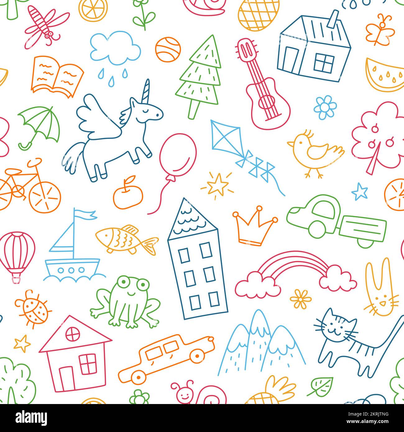 Children drawings seamless pattern. Kids doodle texture. Hand drawn ...