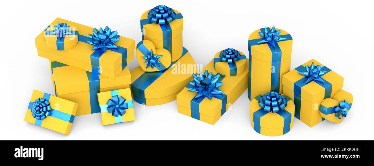 Gift boxes with ribbon and bow isolated on white background. 3d render ...