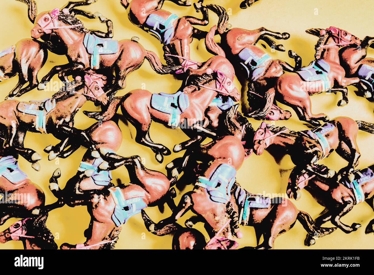 Still life animal artwork on a mix of figurine racehorses in creative ...