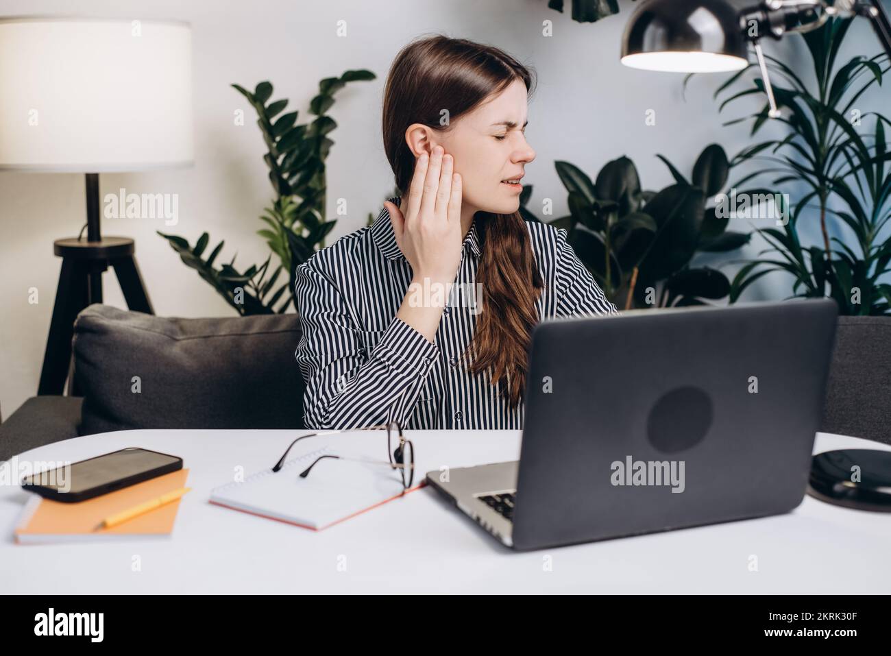 Furuncle, earache, shingles, eczema, ear disease, otitis concept. Upset ...