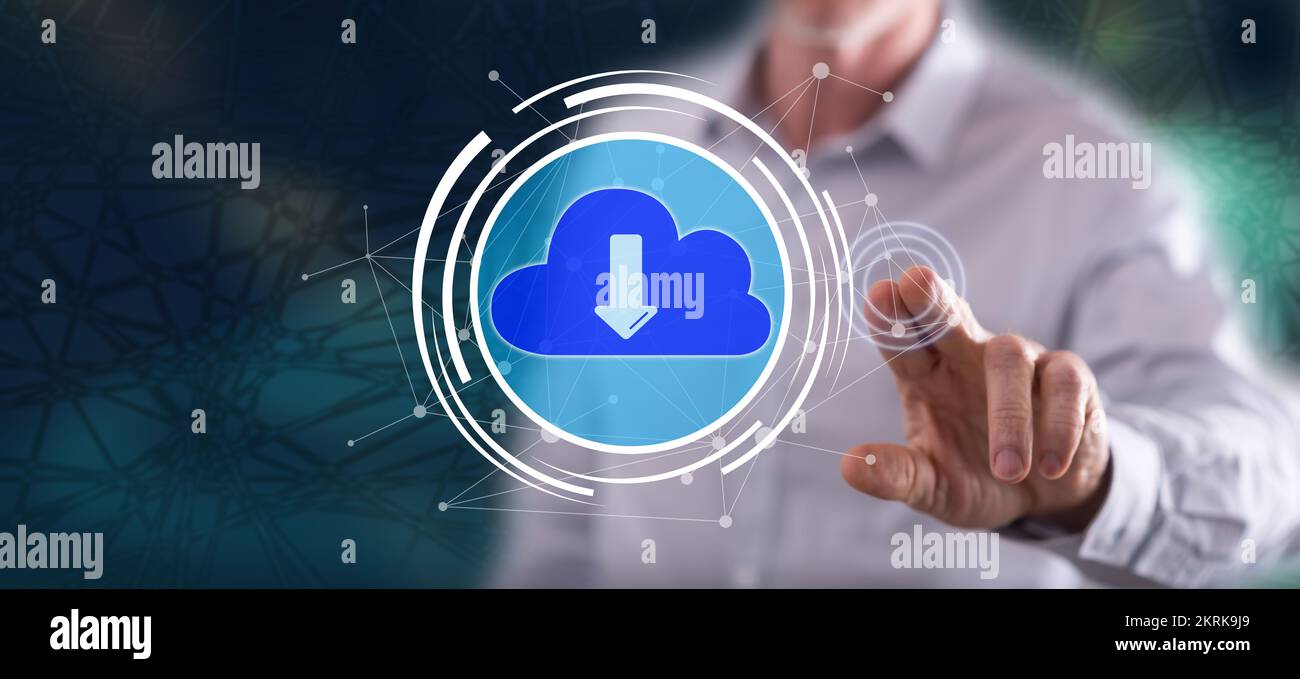 Man touching a data download concept on a touch screen with his finger ...