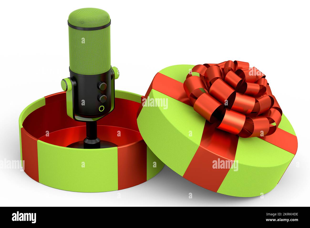 Gift boxes with microphone, ribbon and bow isolated on white background ...