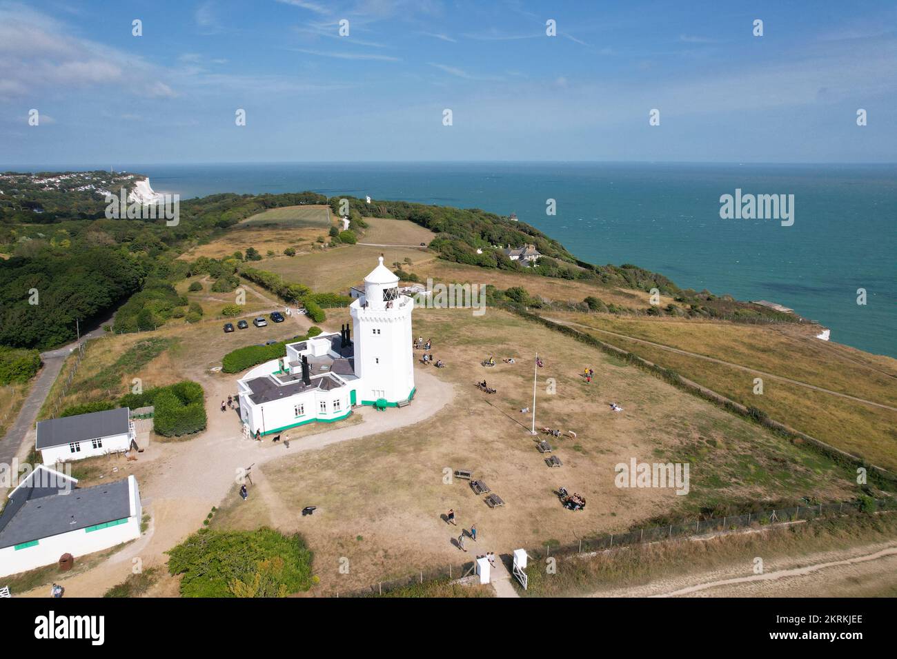 White cliffs of Dover Kent UK South Foreland Lighthouse drone aerial ...