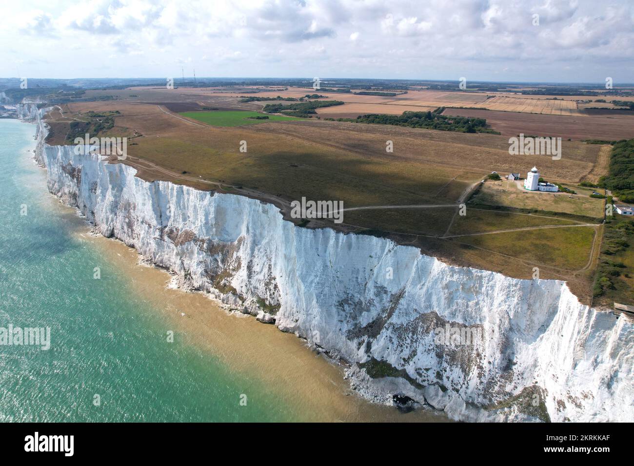 White cliffs of Dover UK drone aerial view summer drought dry brown ...