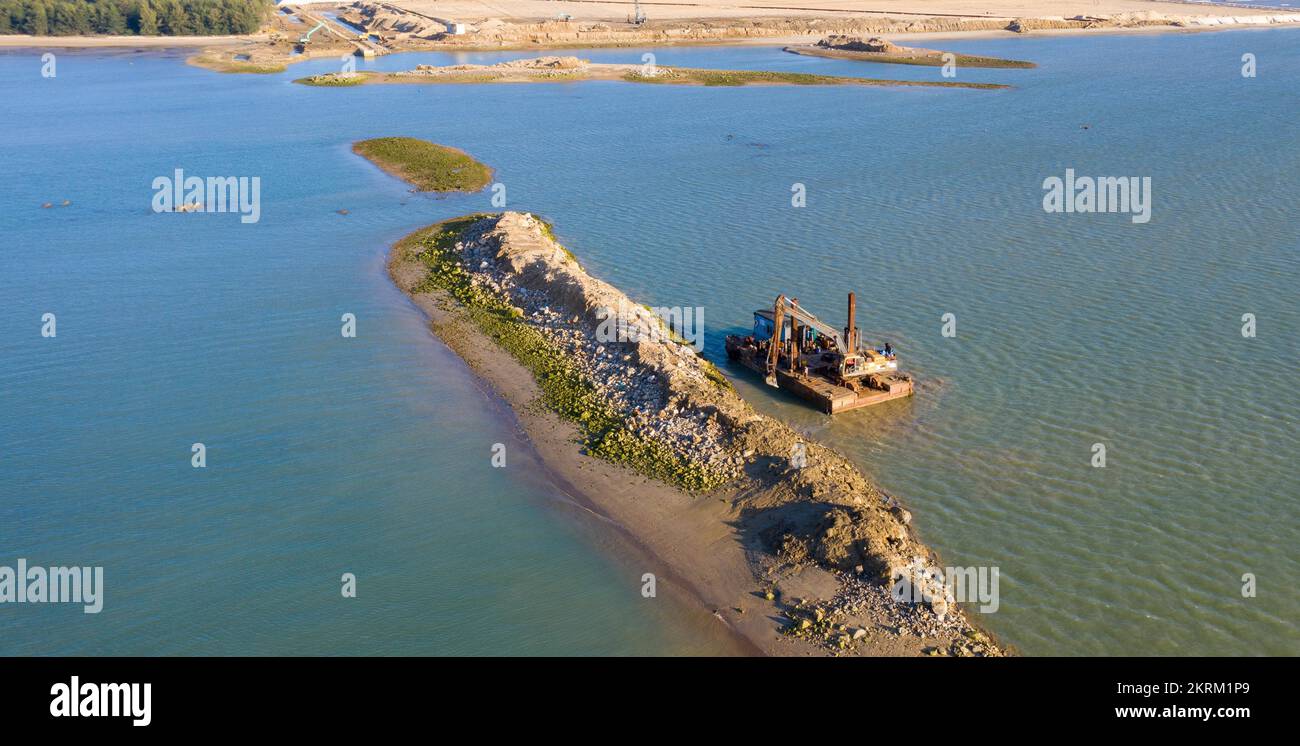 Aerial photos show the Puqian Central Fishing Port Project is under ...