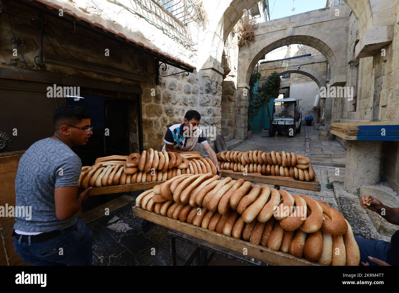 Fresh Ka’ek Al-Quds - Sesame bagel bread being delivered on a ...