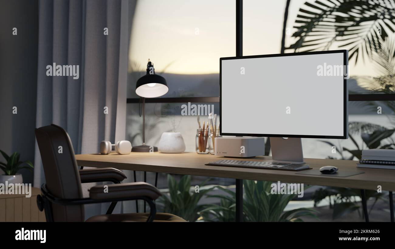 Modern contemporary home office desk with PC desktop computer mockup ...