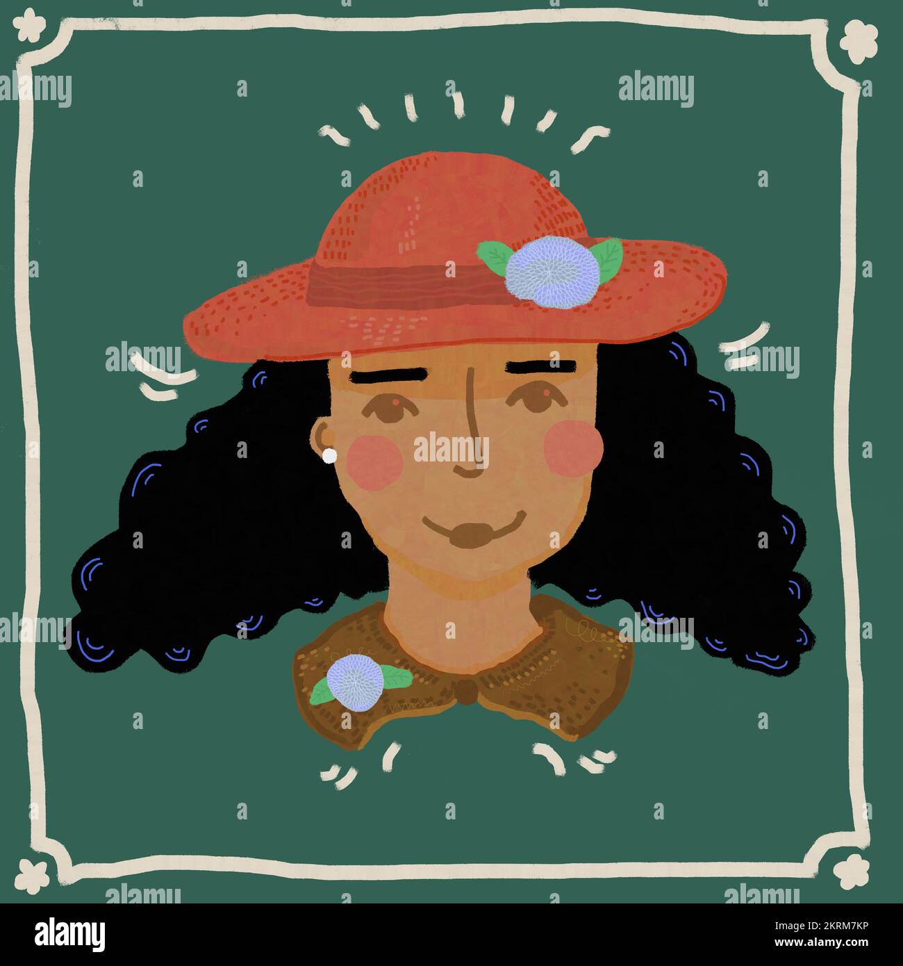 Vector illustration of cartoon female with black curly hair having pink ...