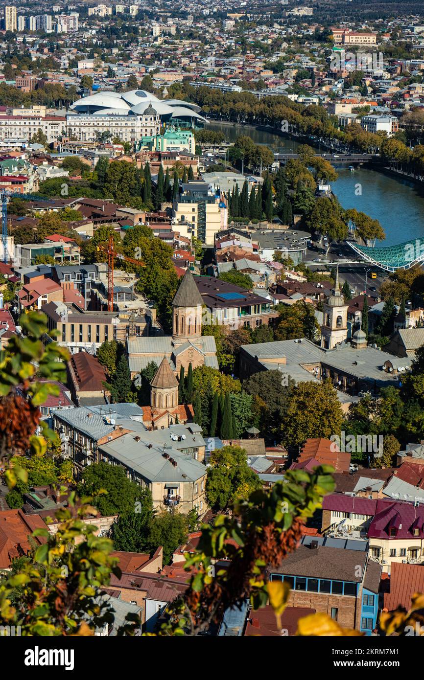 From above autumnal Old Tbilisi capital city of Georgia with river ...