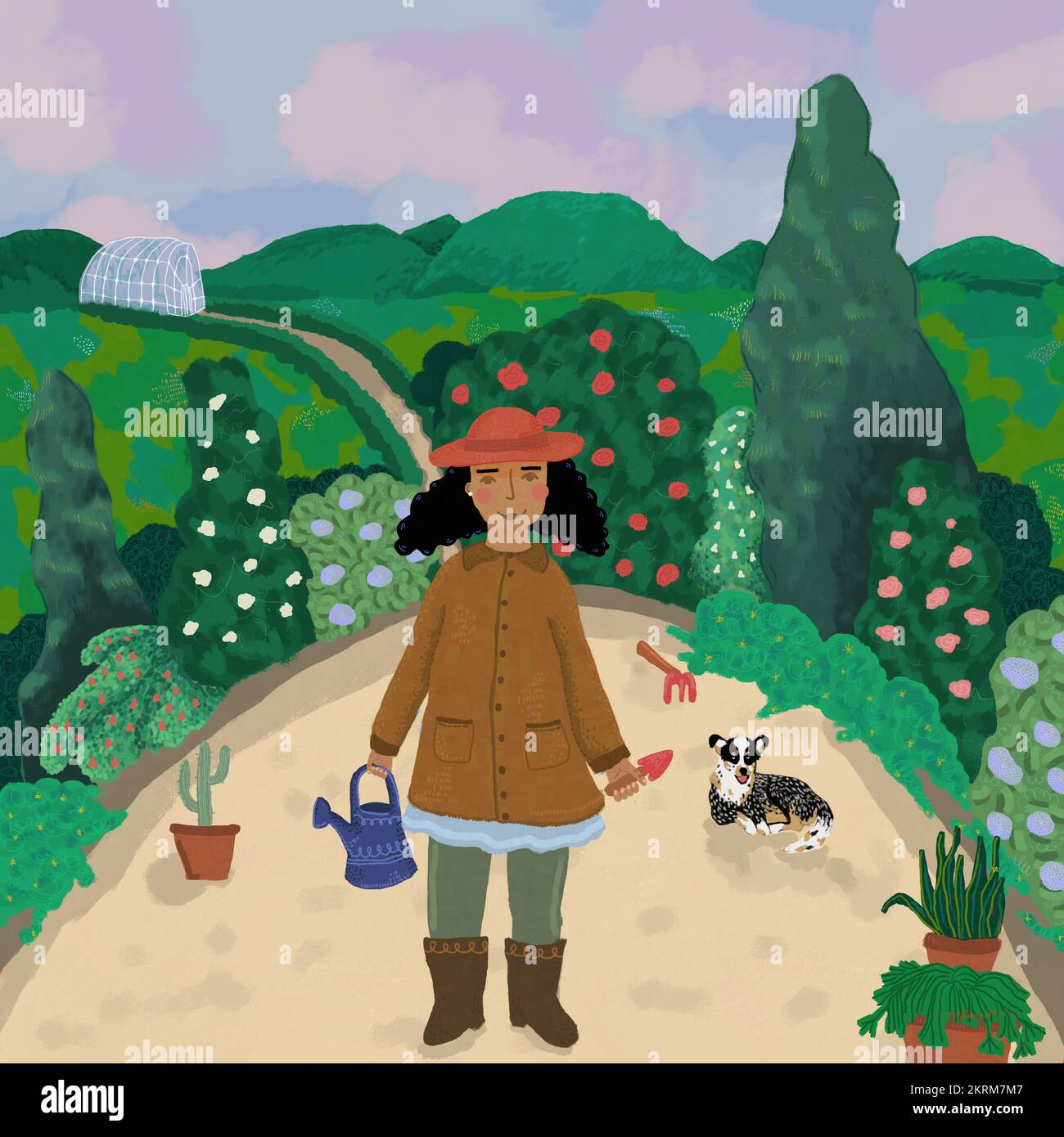 Vector illustration of female with black curly hair in red hat and ...