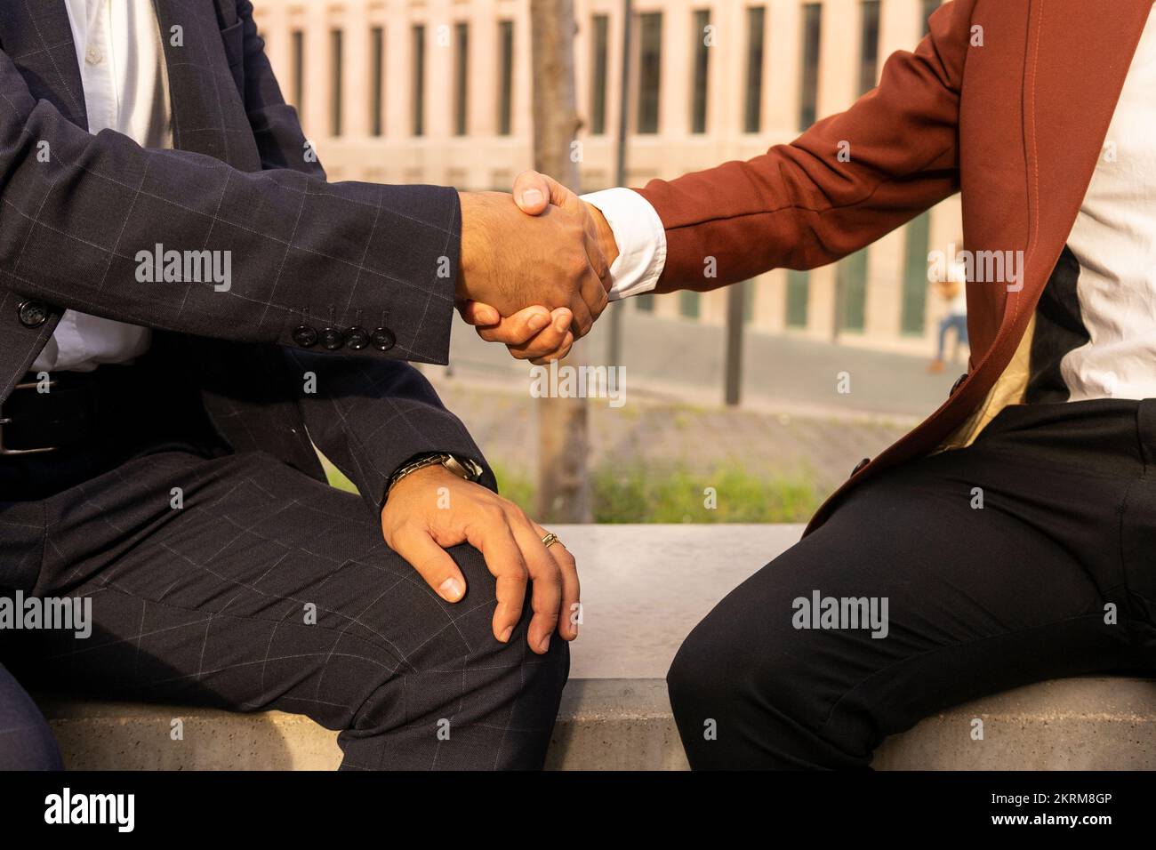 Side view of cropped unrecognizable ethnic men in elegant suits shaking ...