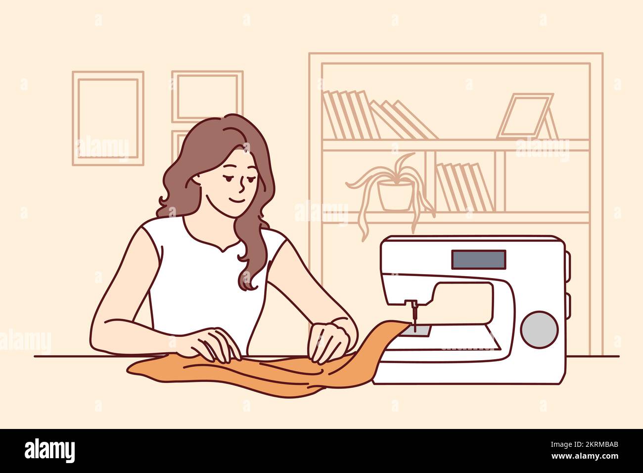 Happy Young Woman Sit At Table Sew On Machine At Home Smiling Female