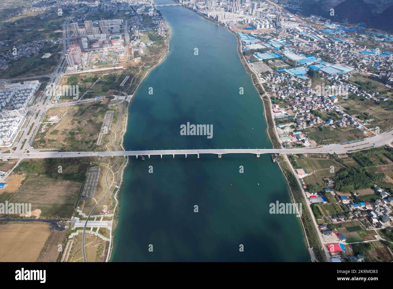 Aerial photo shows the beautiful scenery of the Rong River located in ...