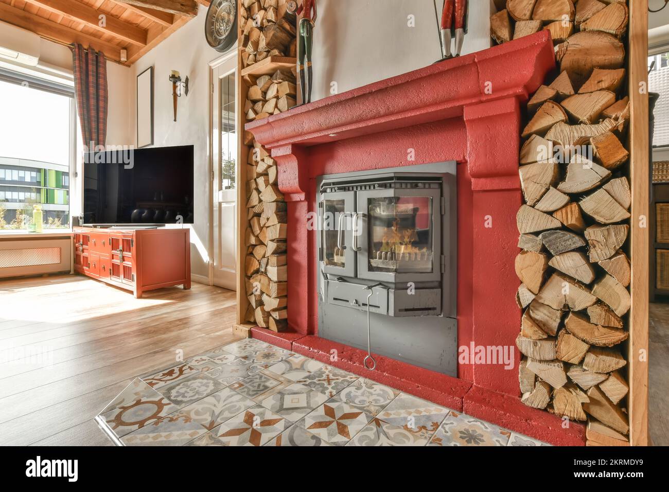 burning fireplace in light modern living room of house designed in ...