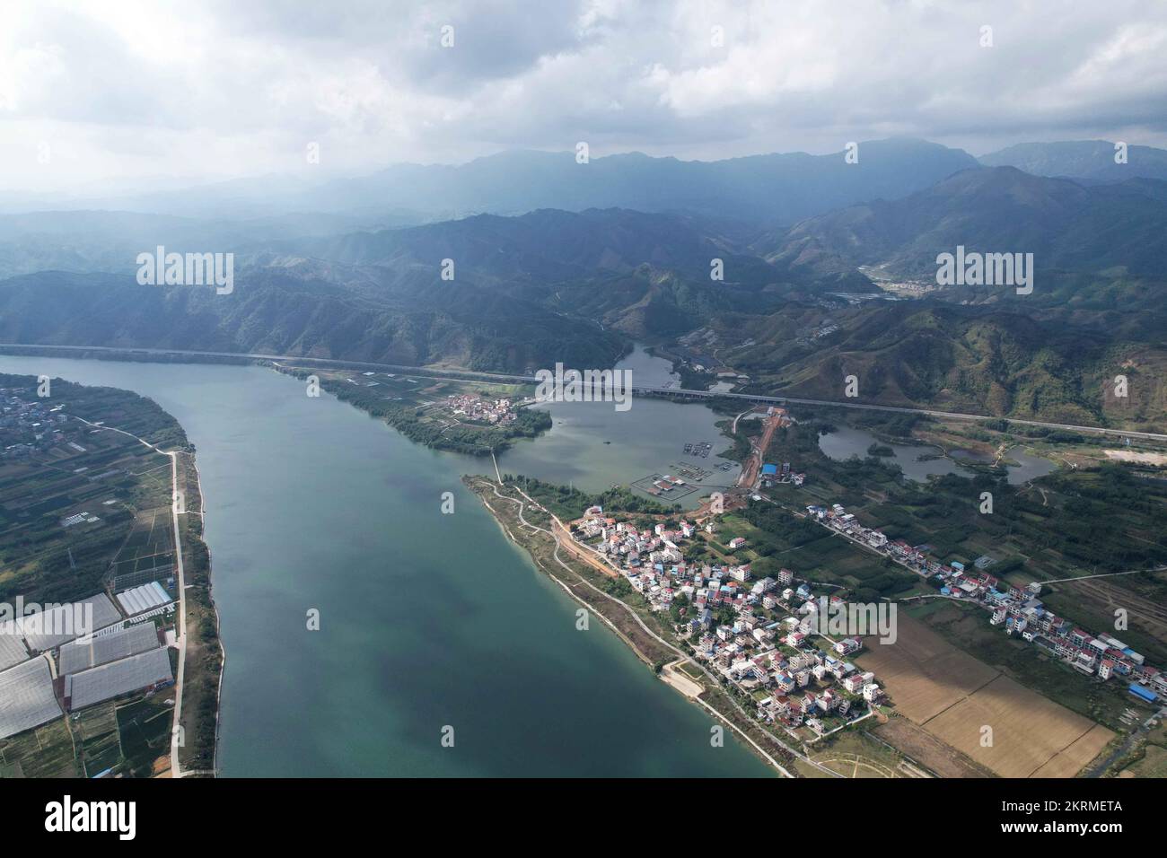 Aerial photo shows the beautiful scenery of the Rong River located in ...