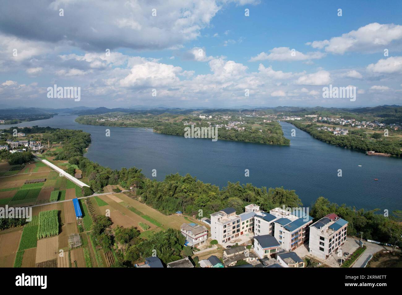 Aerial photo shows the beautiful scenery of the Rong River located in ...
