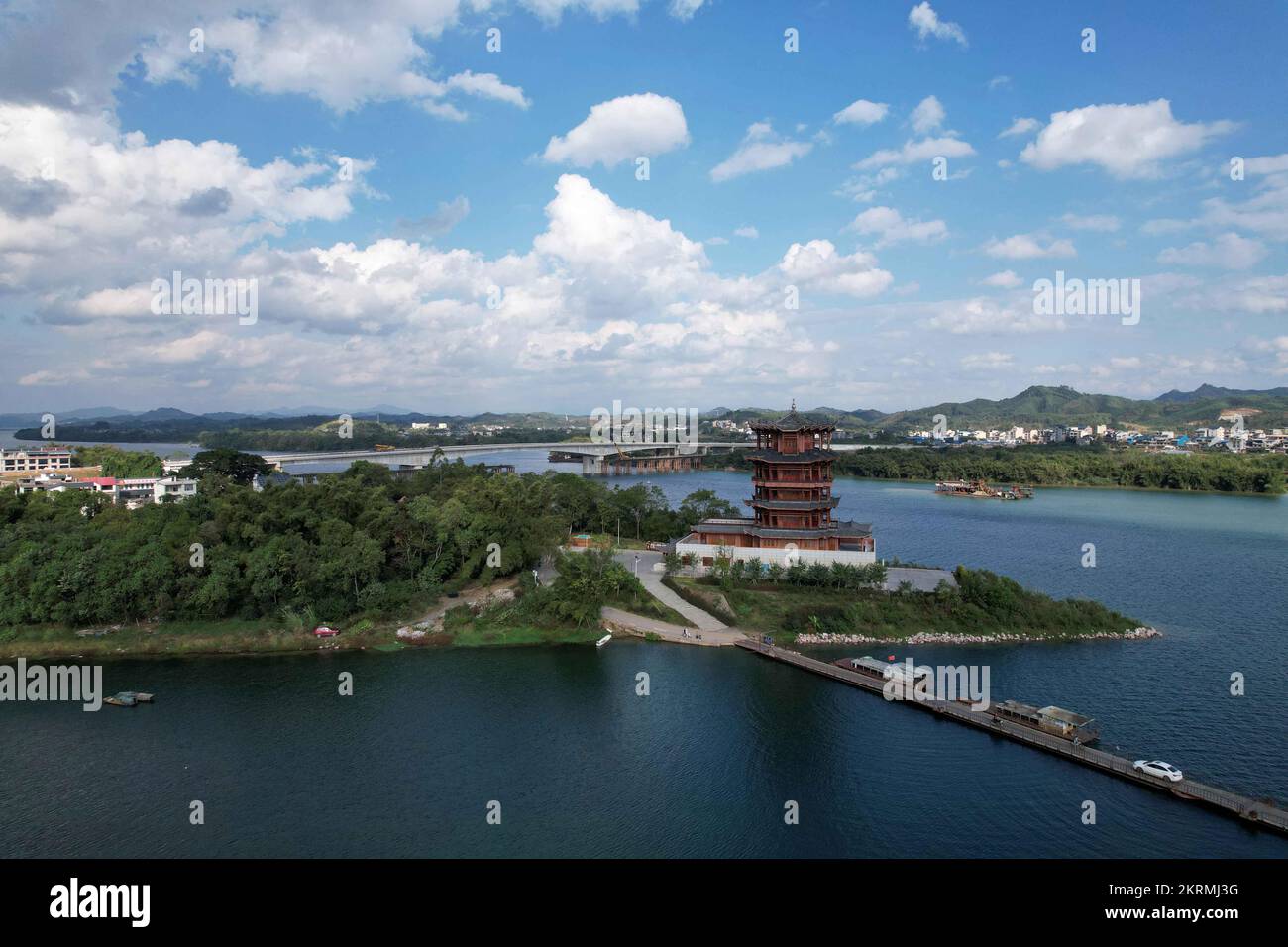 Aerial photo shows the beautiful scenery of the Rong River located in ...