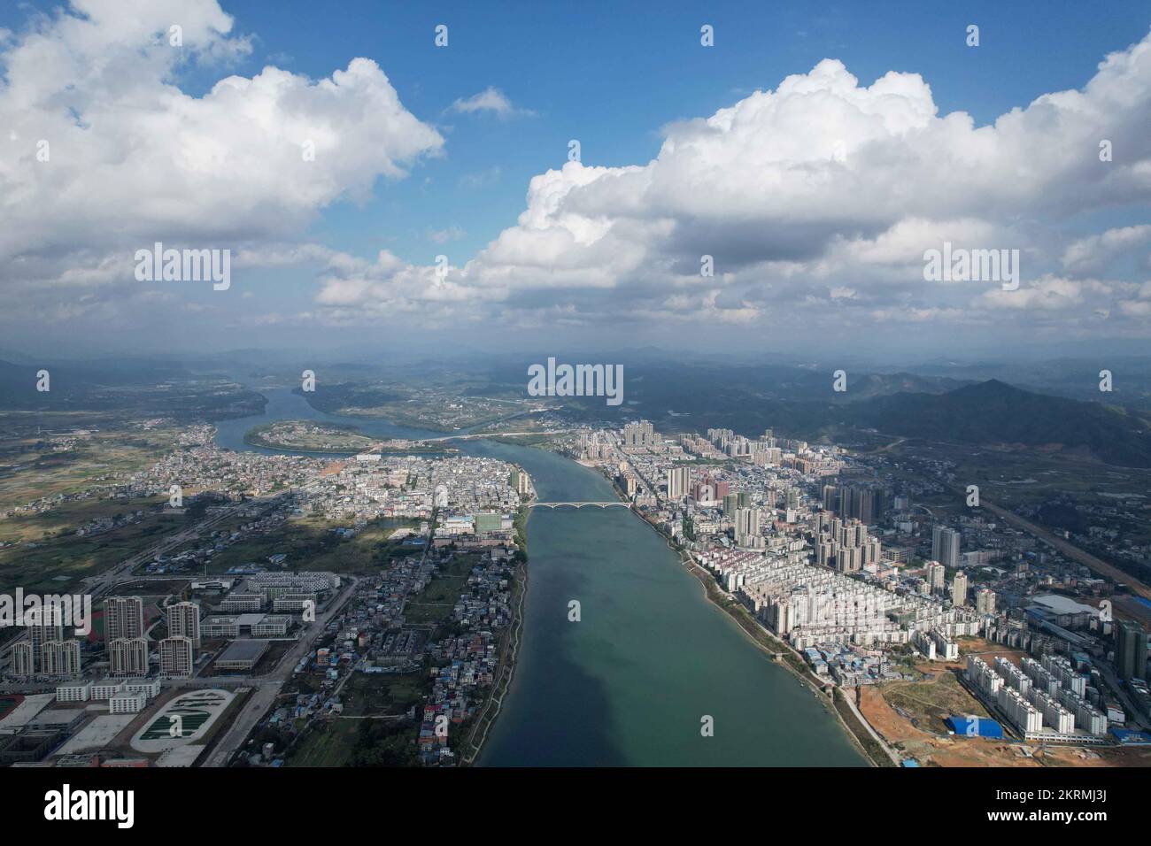 Aerial photo shows the beautiful scenery of the Rong River located in ...