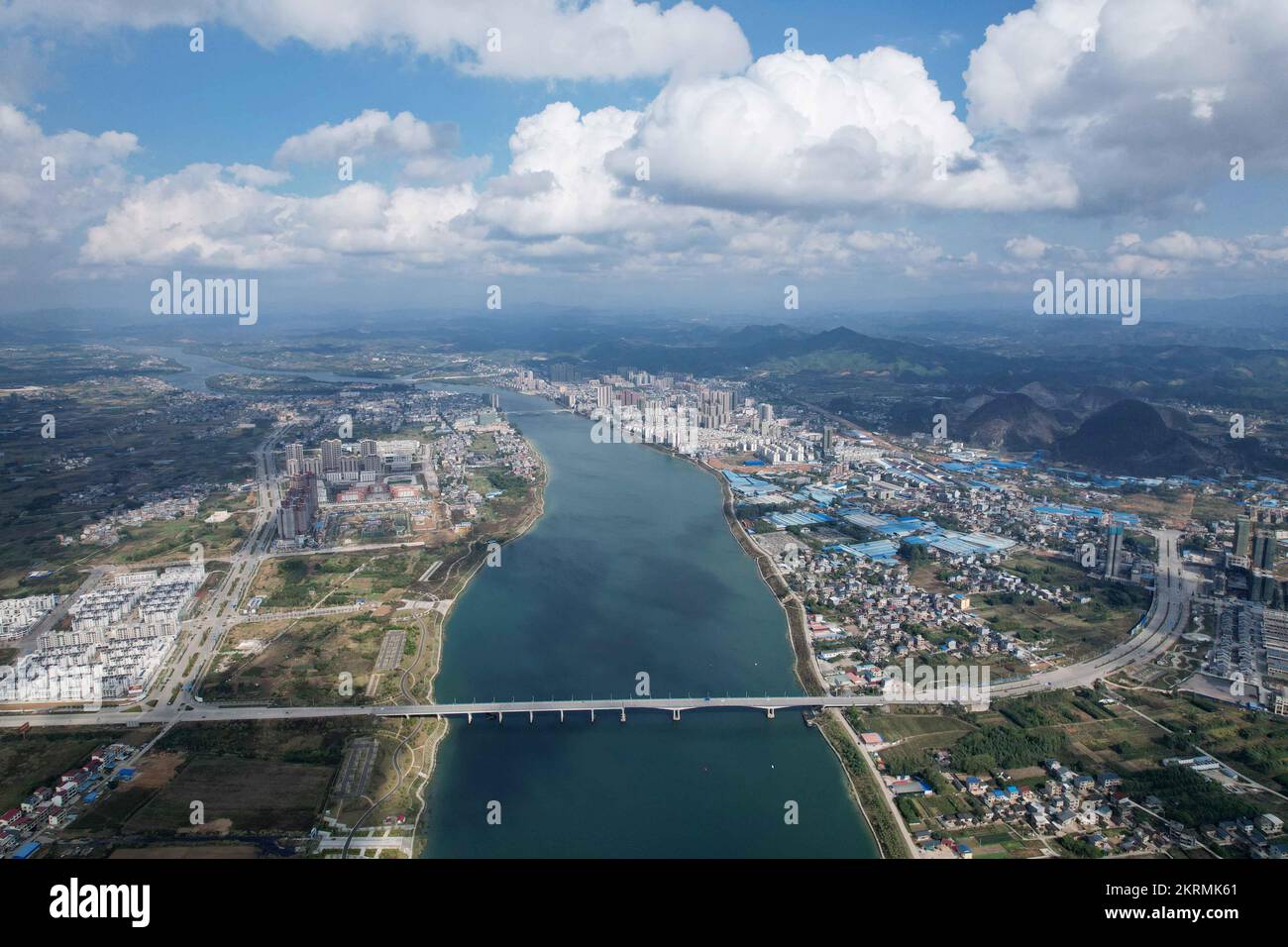 Aerial photo shows the beautiful scenery of the Rong River located in ...