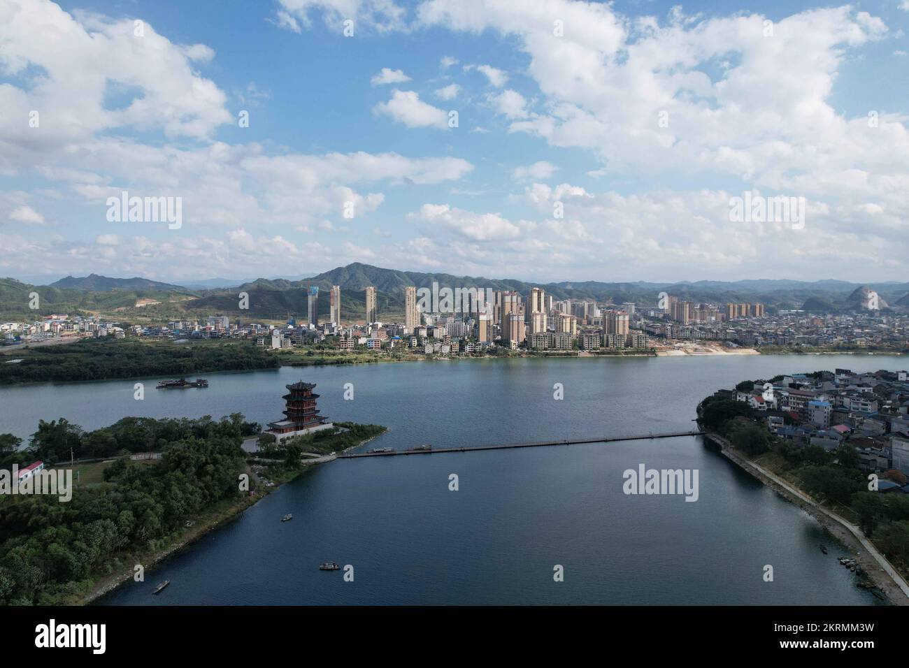 Aerial photo shows the beautiful scenery of the Rong River located in ...