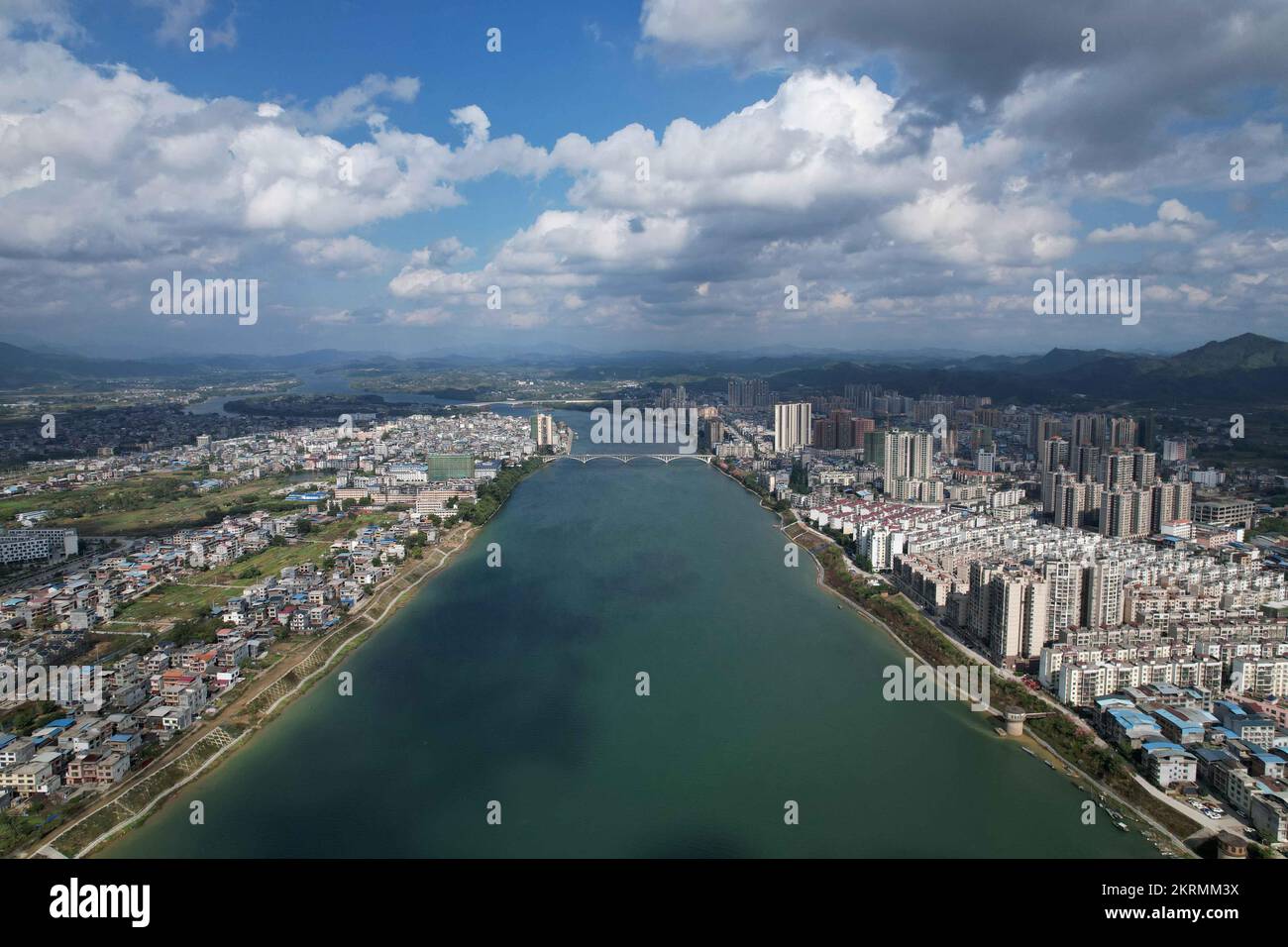 Aerial photo shows the beautiful scenery of the Rong River located in ...
