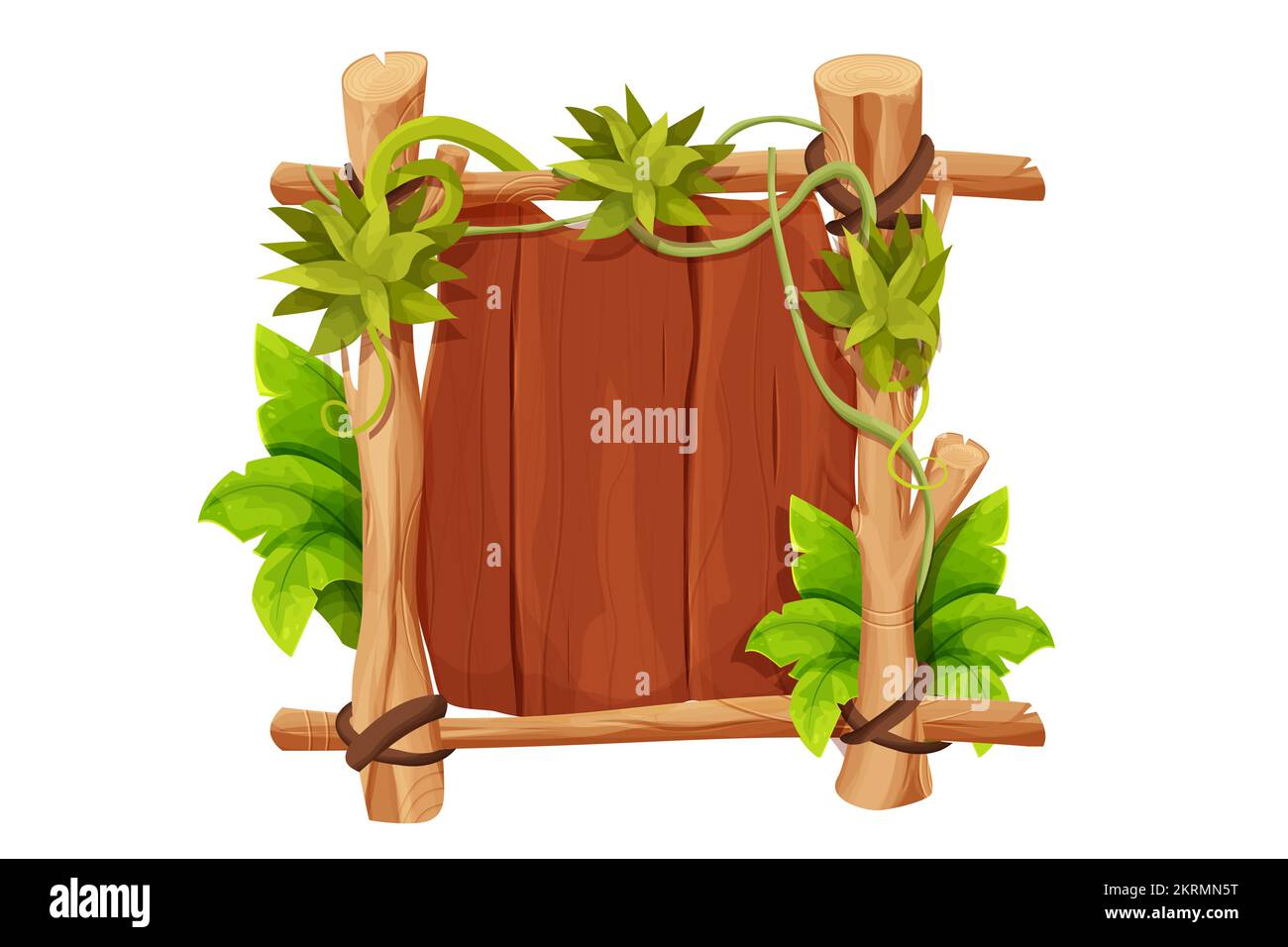 Frame from sticks, wooden planks decorated with grass and liana, jungle ...
