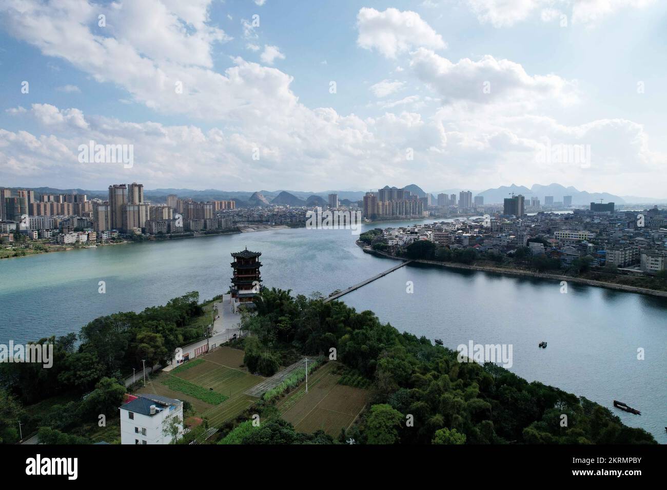 Aerial photo shows the beautiful scenery of the Rong River located in ...
