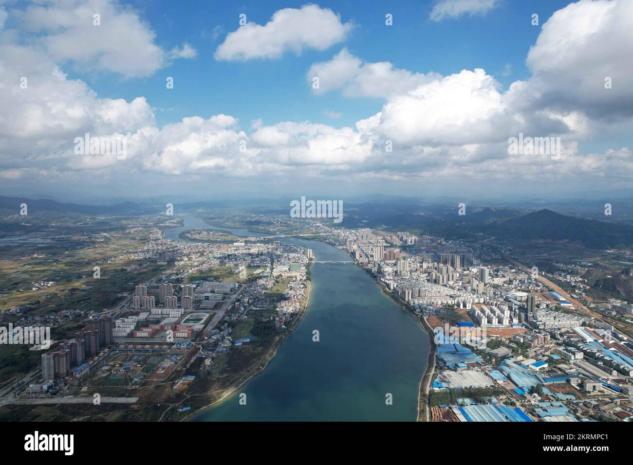 Aerial photo shows the beautiful scenery of the Rong River located in ...