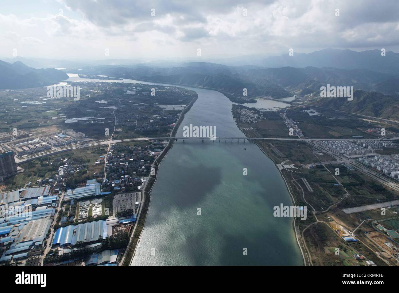 Aerial photo shows the beautiful scenery of the Rong River located in ...