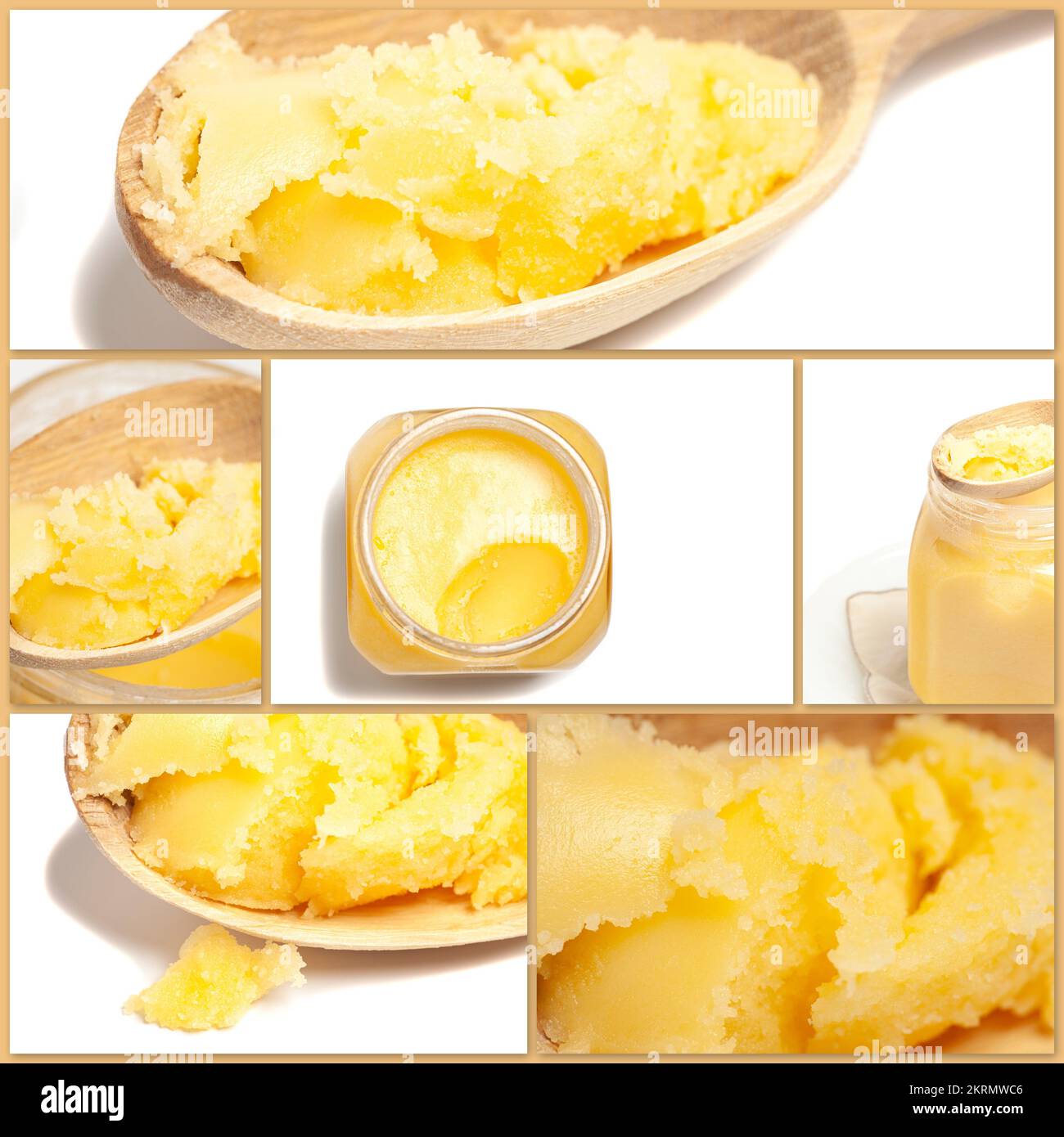 Collage with Ghee in jar and wooden spoon isolated on white background ...