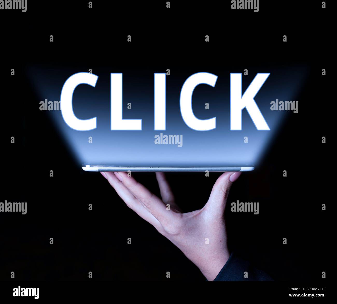 Text caption presenting Click, Concept meaning Act of pressing a button ...