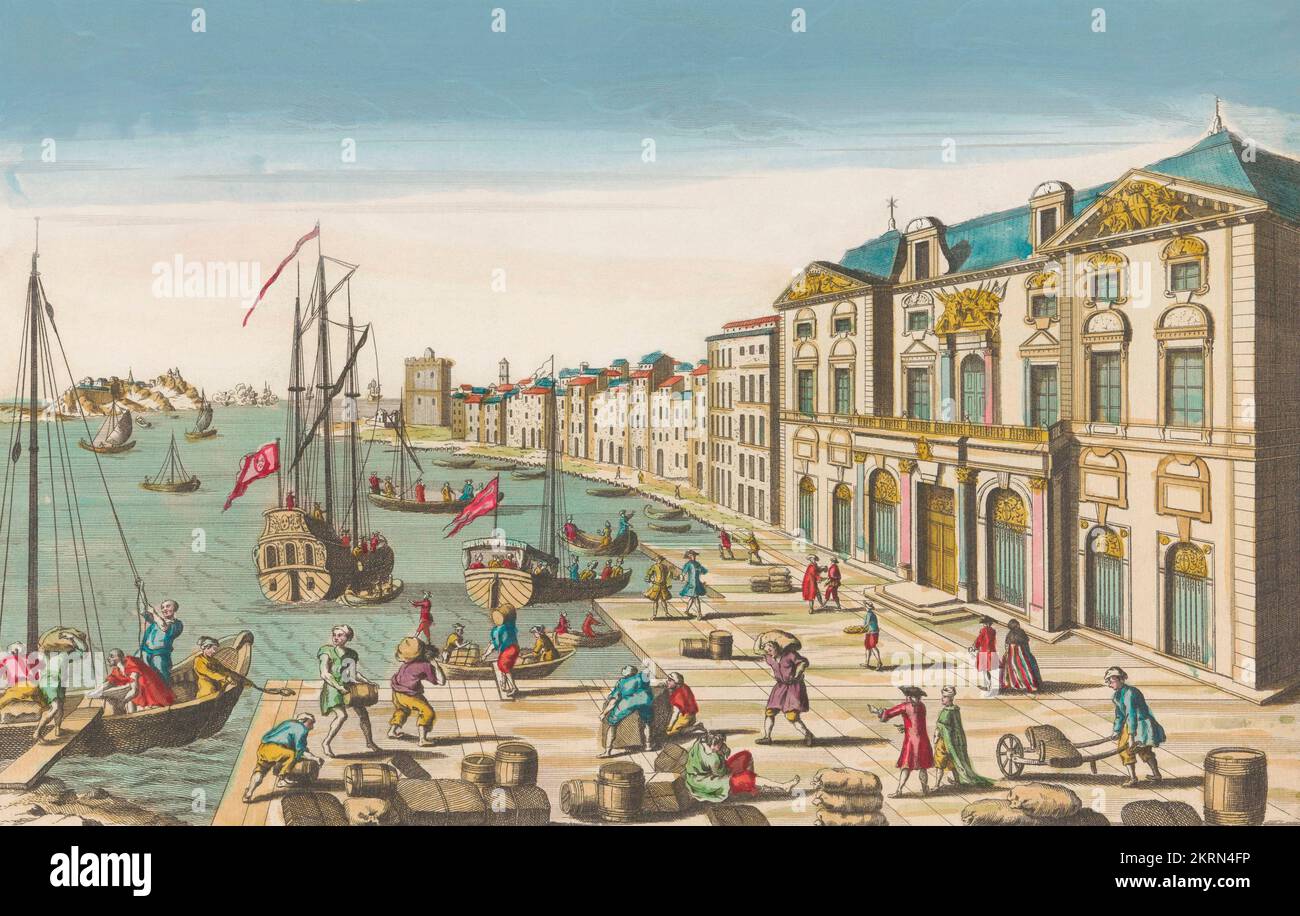 The port of Marseilles, France in the mid-18th century. After a print ...