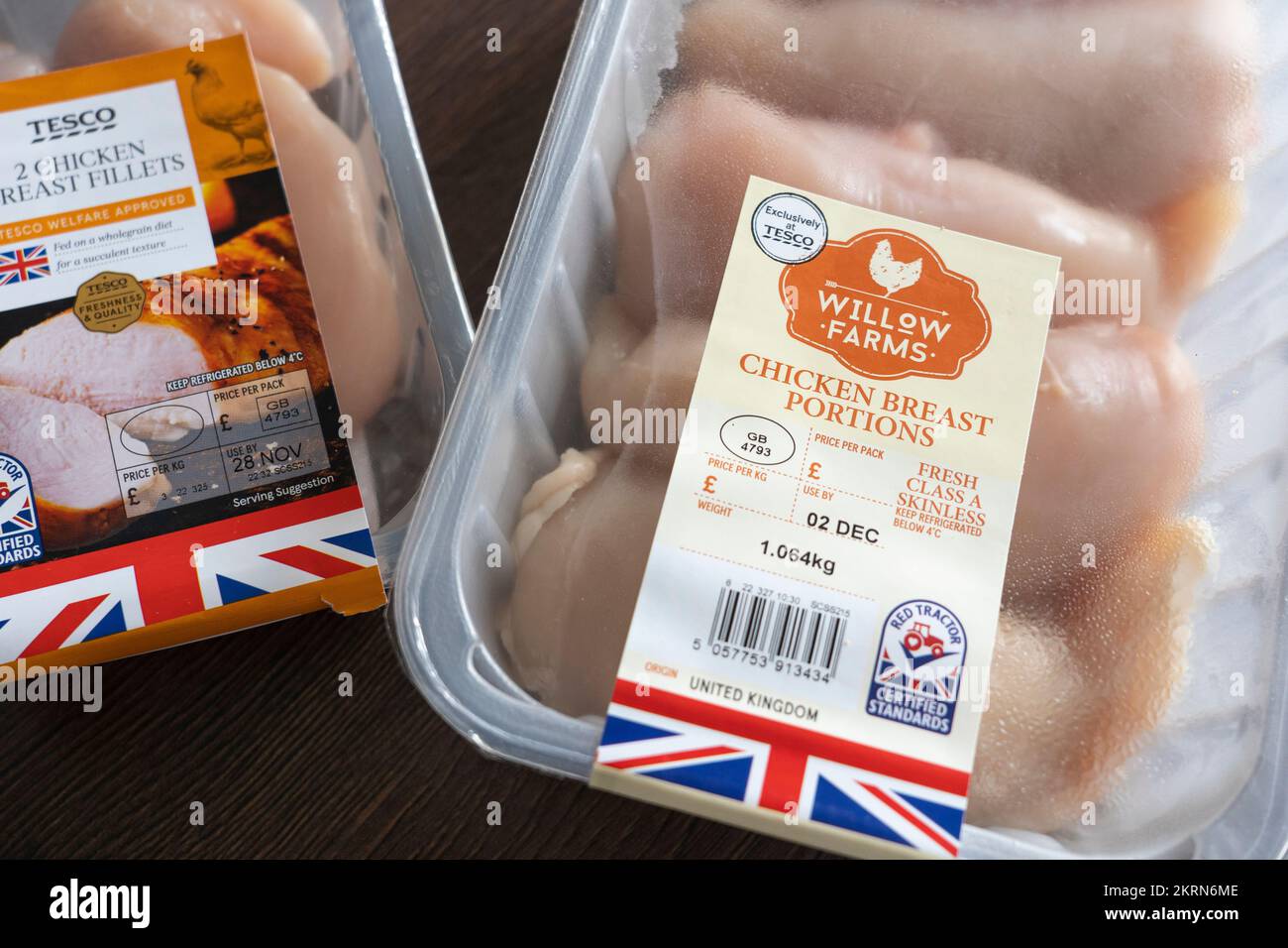 Packets of Tesco branded chicken on a kitchen worktop with a British ...