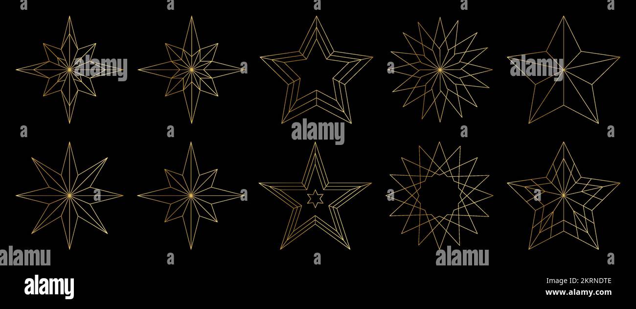Golden Christmas star icons. Line art style. Vector illustration ...
